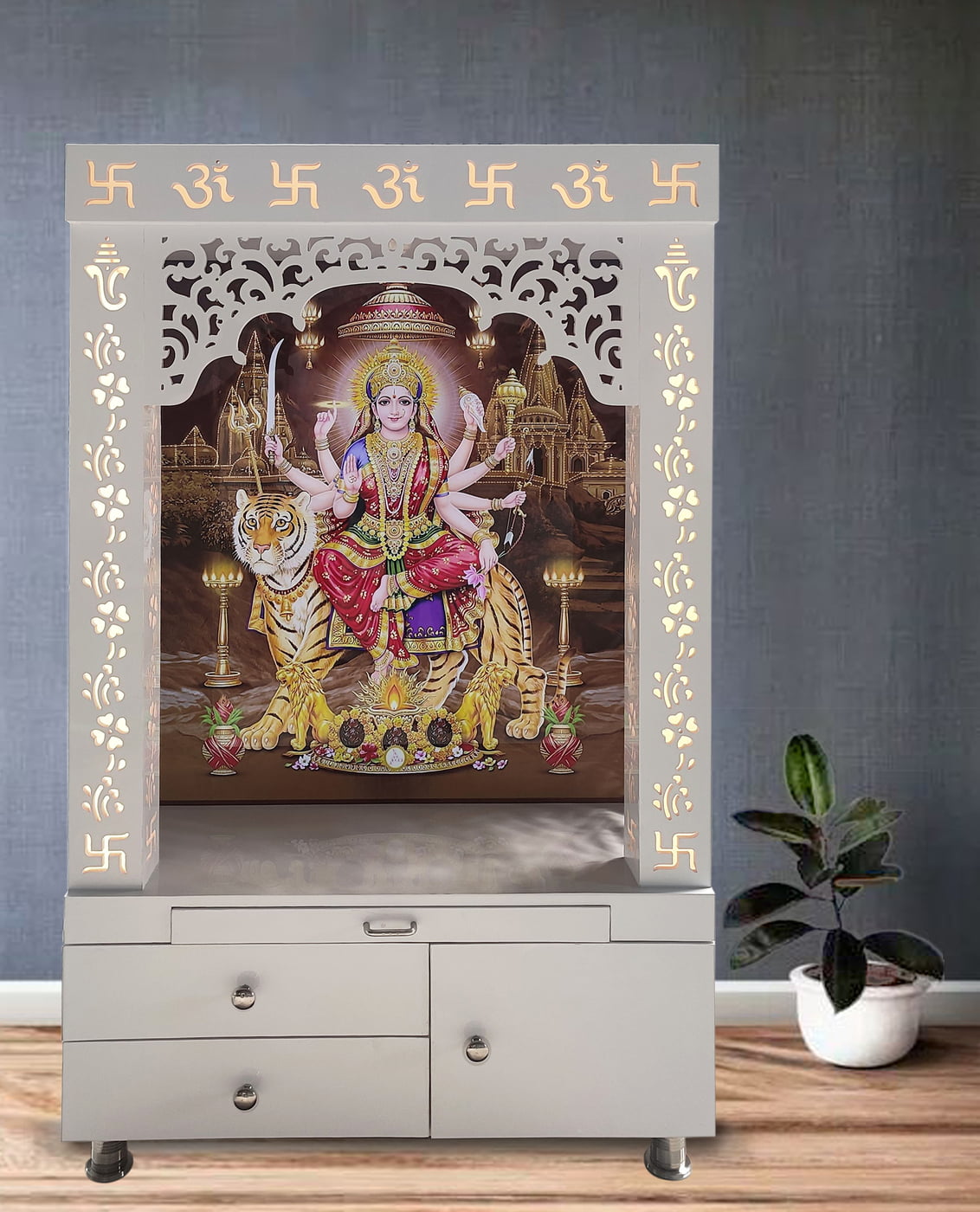 Sherawali Mata Puja Mandir Printed on Acrylic with WPC Pillar & Storage ...